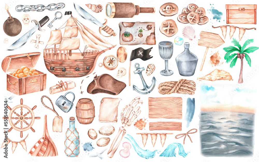Set of pirate elements. Watercolor illustration. Ship, chest of gold ...