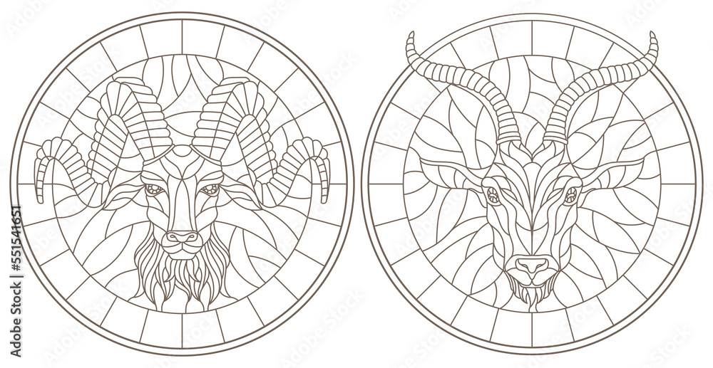 A set of contour illustrations of stained glass Windows with a ram and ...