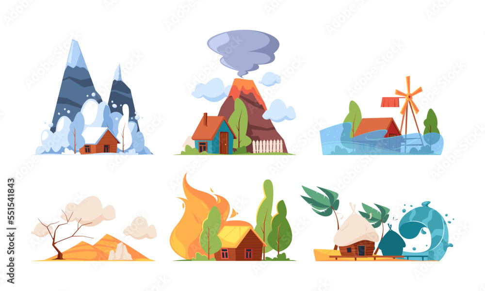 Set Natural Disasters, Accidents In Nature Snow Avalanche, Volcano ...