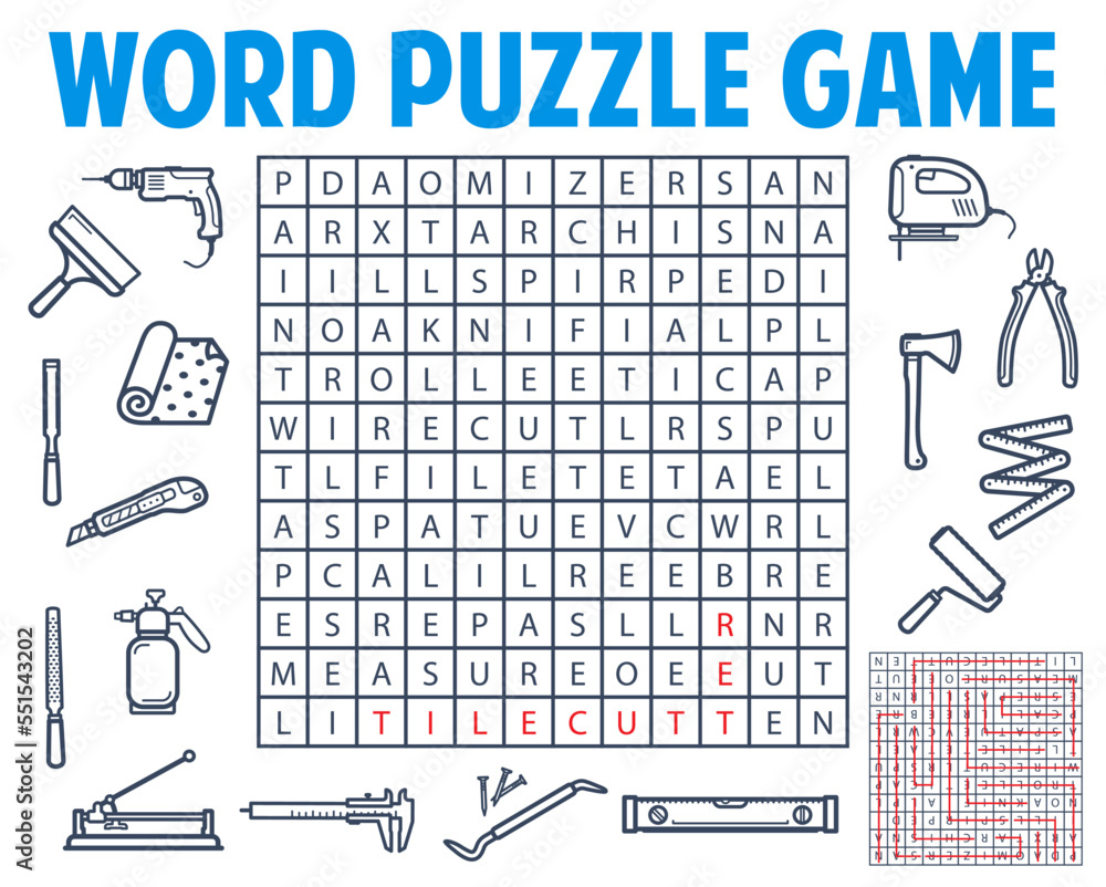 Repair and construction tools. Word search puzzle game worksheet. Quiz ...