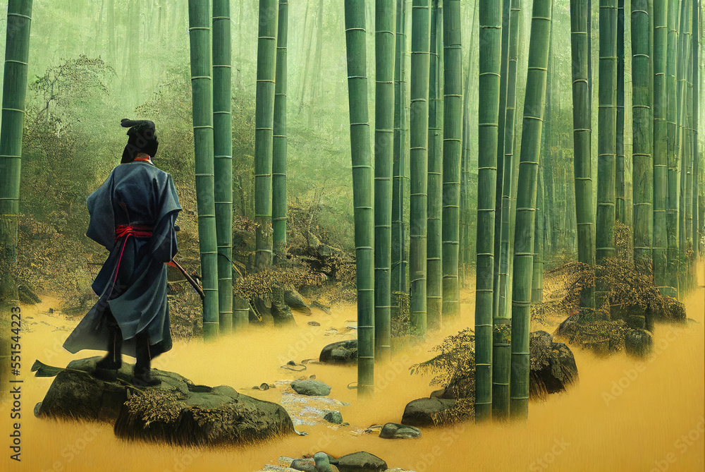 Samurai with a katana sword training in the bamboo forest Stock ...