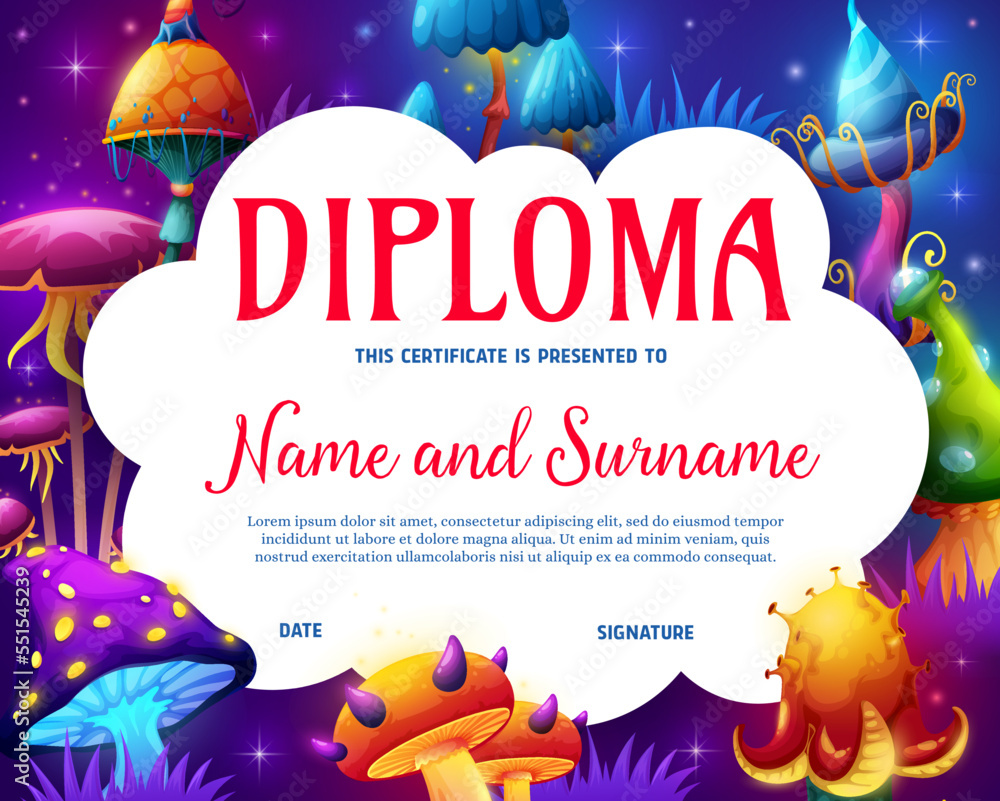 Kids diploma. Magic mushrooms fairytale forest on school education ...