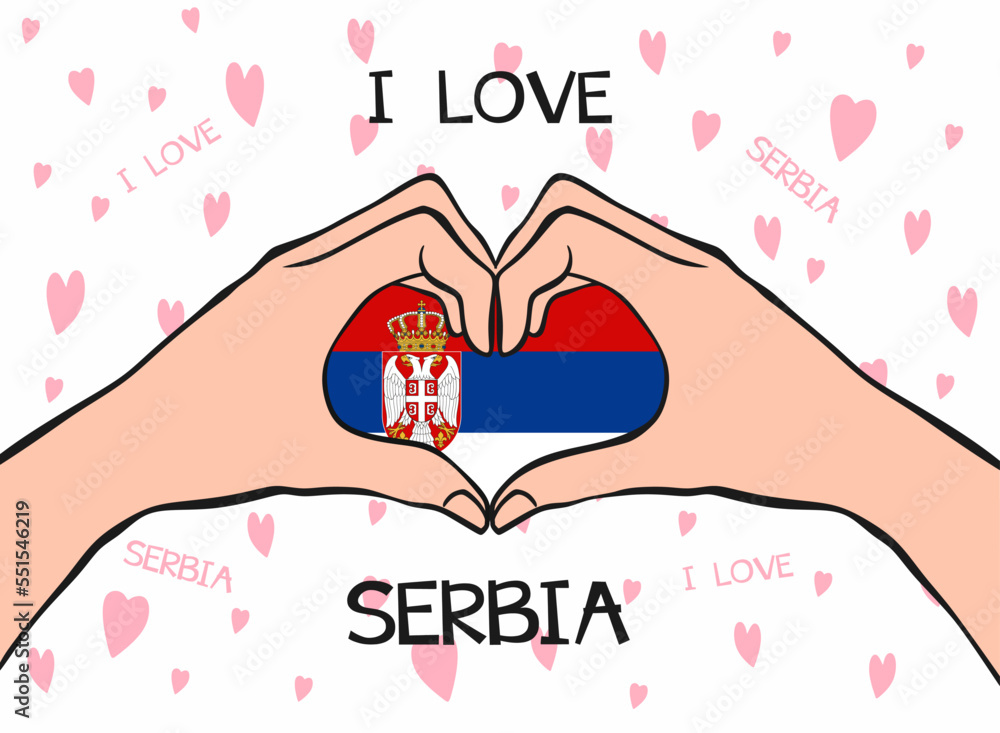 I love Serbia. Heart hand gesture with Serbia flag. Modern design with ...