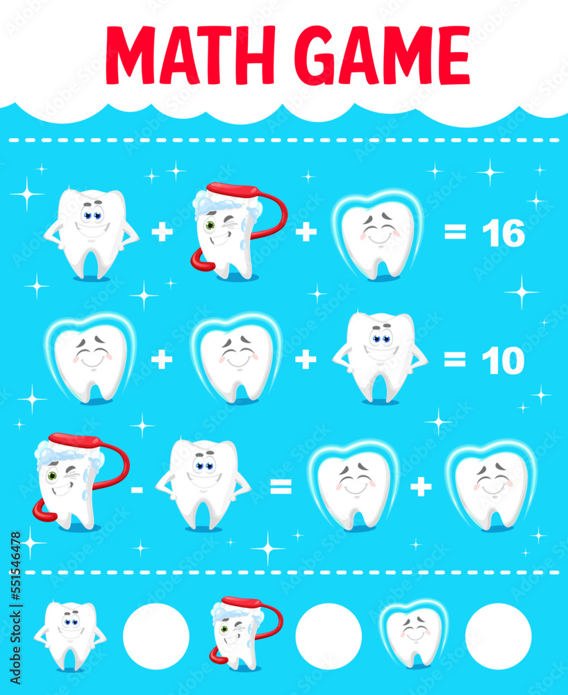 Health tooth characters, math game worksheet, education quiz. Vector ...