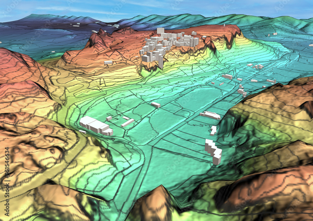 Urbanisme et projet immobilier - Vue aérienne de paysage valloné territoire montagneux - Rendu ...