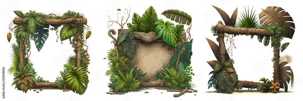 Jungle frame with wooden planks, old paper, rope, decorated. Vector ...