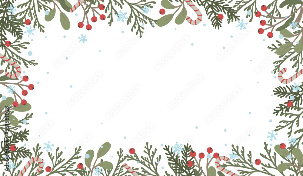 Christmas Winter holiday frame with hand drawn Christmas tree branches ...