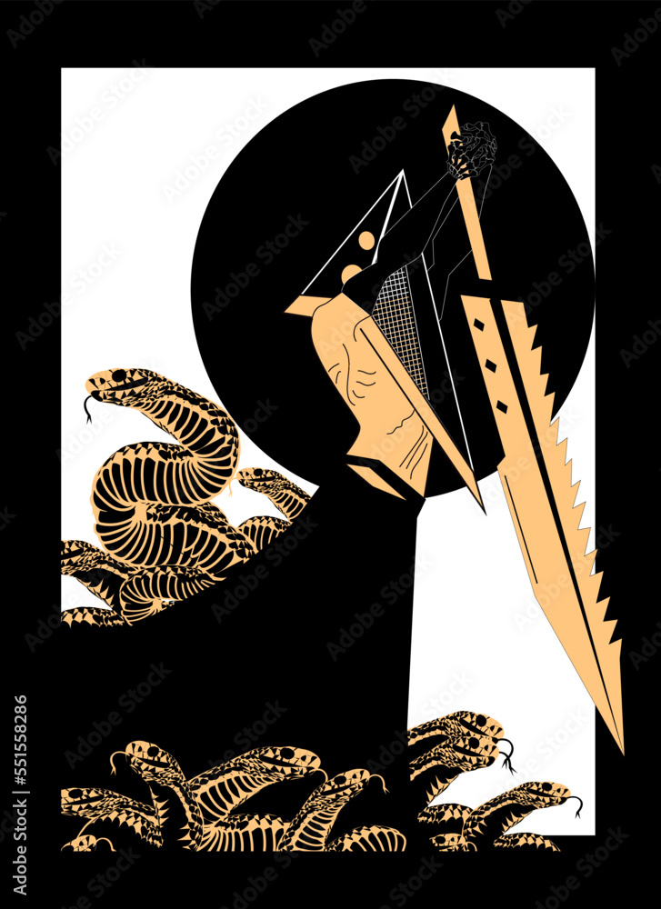 Pyramid head with saw toothed sword or knife and snakes, horror ...