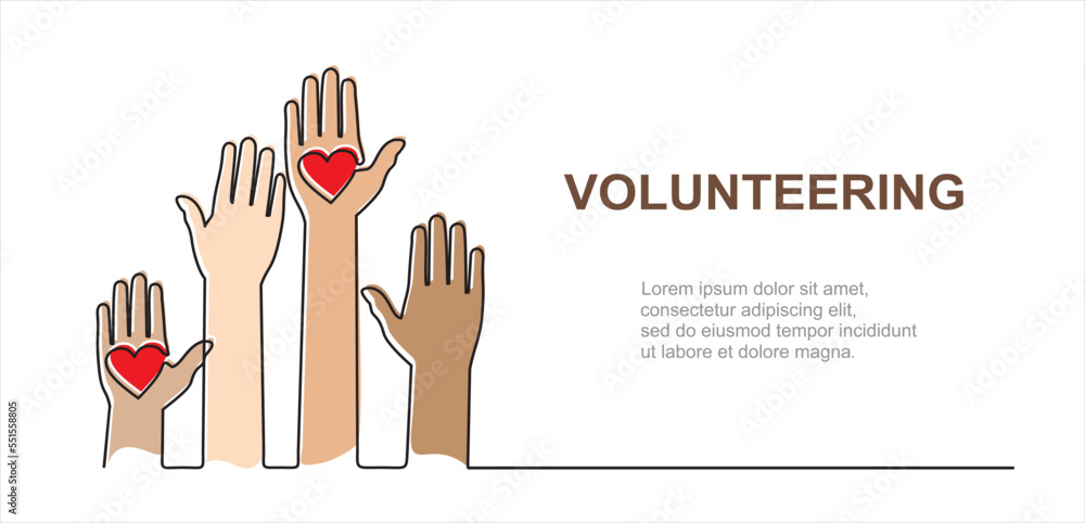 Hands and hearts. Raised hands volunteering concept continuous one line ...