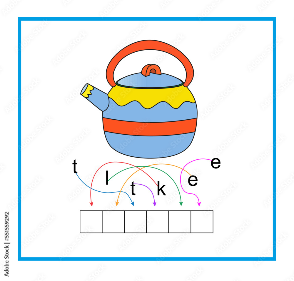 Puzzle game for children. Cartoon kettle vector. Read the word. Vector ...