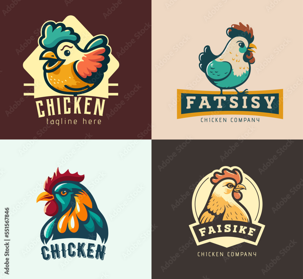 Set of chicken roster logo label illustration. Chicken mascot logo ...