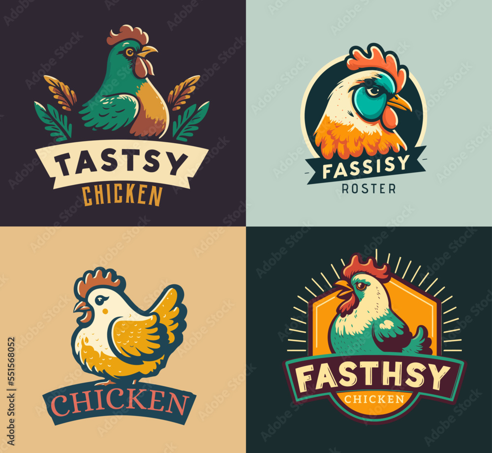 Set of chicken roster logo label illustration. Chicken mascot logo ...