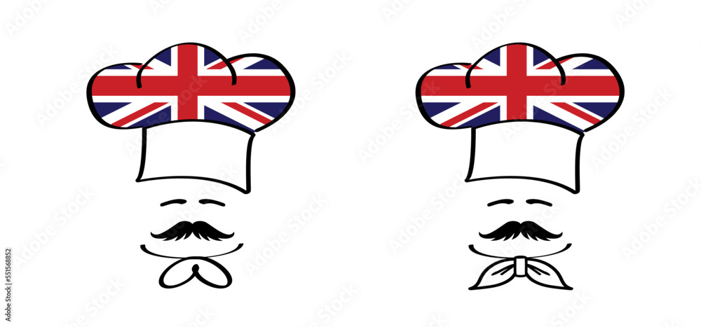 Cartoon chef cap with mustache and England flag. Chef hat or cap ...