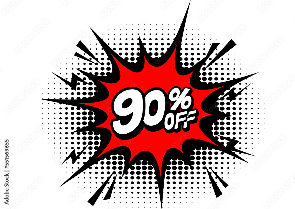 90 Percent OFF Discount on a Comics style bang shape background. Pop ...