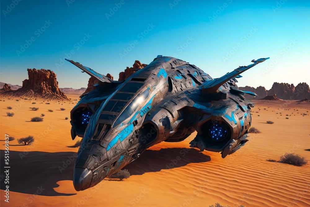 science fiction jet fighter, futuristic airplane in the desert, future ...