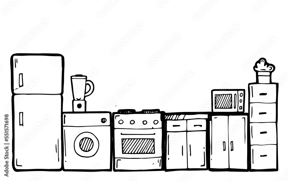 Old kitchen with furniture and items. Set of objects. Outline hand ...