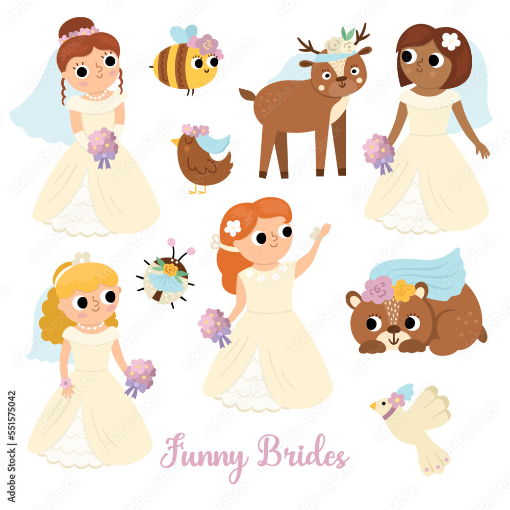 Vector brides set. Cute just married girls wearing white dresses, veils ...