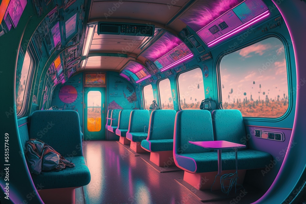 Interior of train, neon, synthwave, cyberpunk, concept art Stock ...