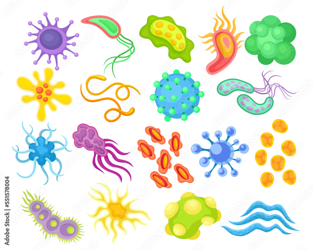 Virus and Microbes of Different Shape with Flagella Big Vector Set ...