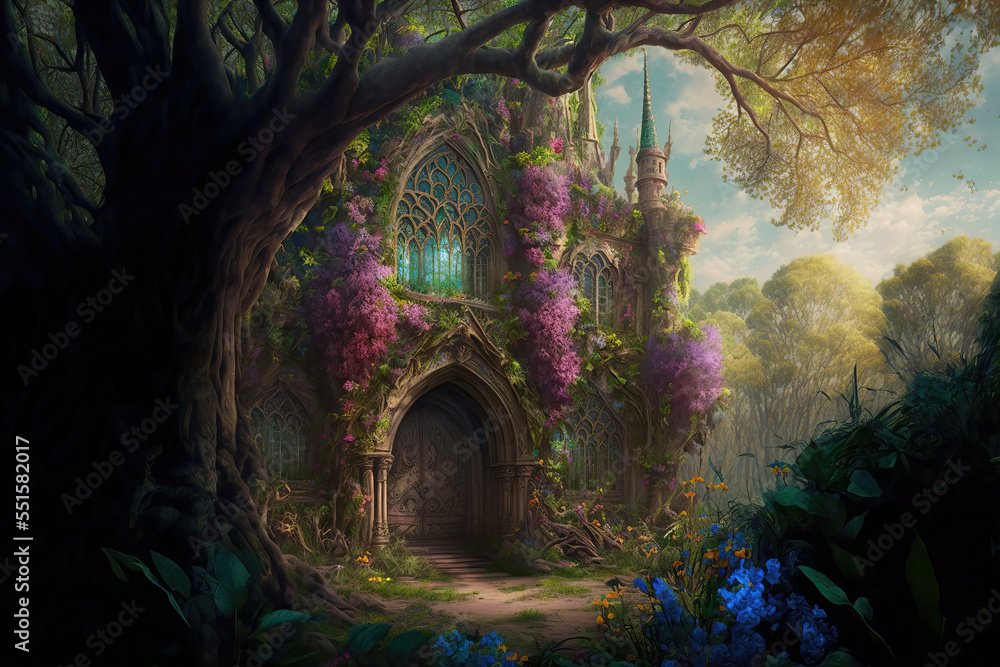 AI generated artwork of a large elfish castle in the forest. Fairy-tale ...