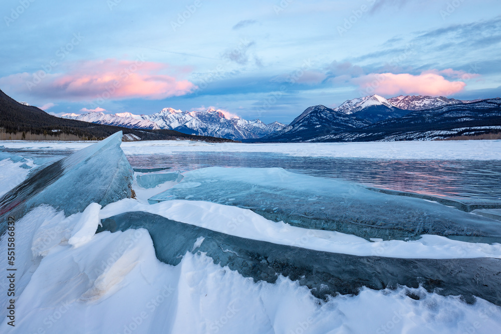Frozen bubbles in Canadian Rockies, Abraham Lake, Banff National Park ...