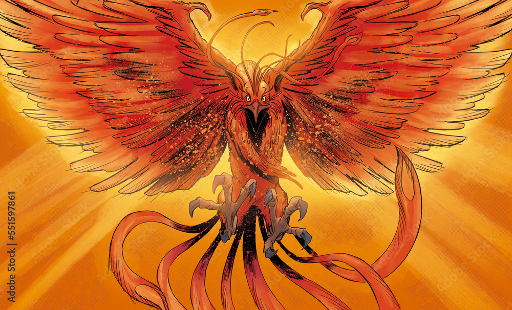 flaming phoenix flying with open wings, mythology Stock Illustration ...