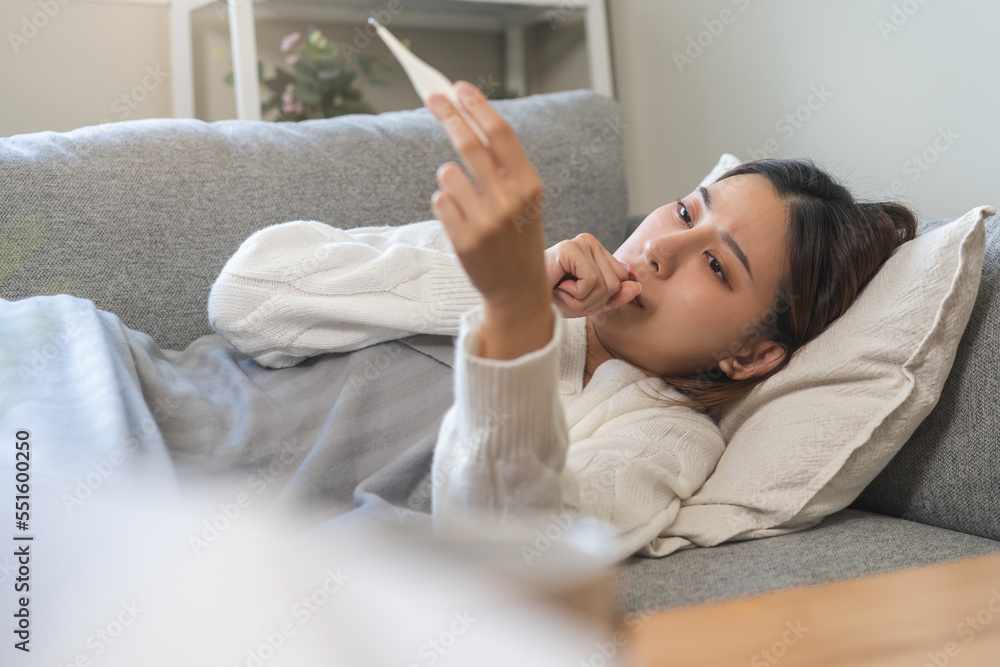 Sick Influenza Asian Young Woman Girl Lying Sore On Sofa Have Fever