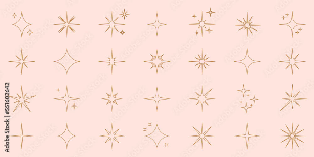 Sparkle Star Line Icon Set. Glow Spark Flash Stars Black Outline ...