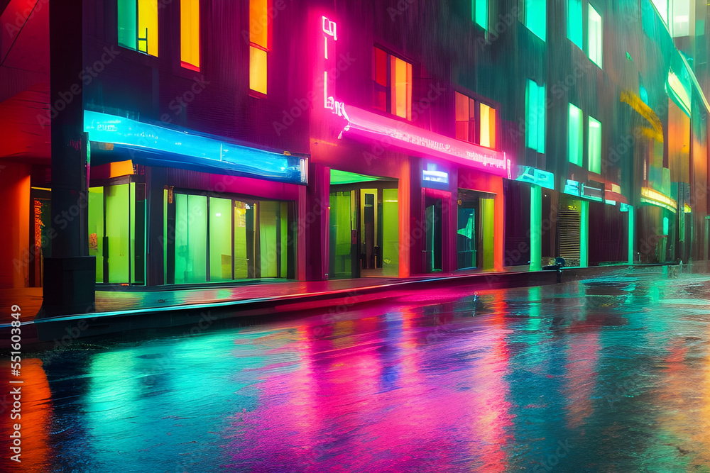 Neon city street at night in the rain. Futuristic urban scene, created ...