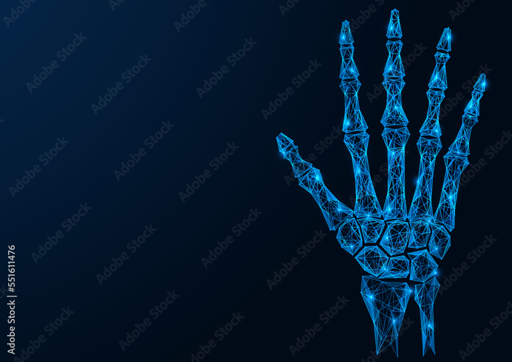 Bones of the hand. Polygonal design of lines and dots. Blue background ...