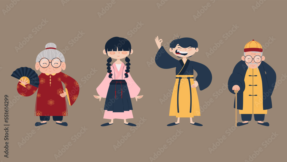 Chinese cartoon characters with traditional clothes in flat ...