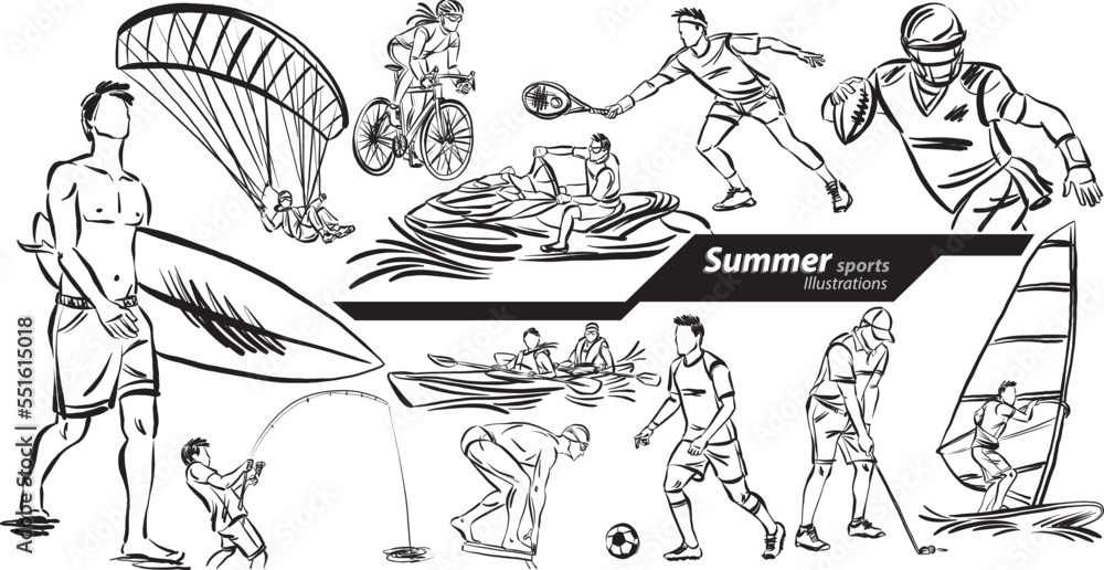 SUMMER sports profession work doodle design drawing vector illustration ...