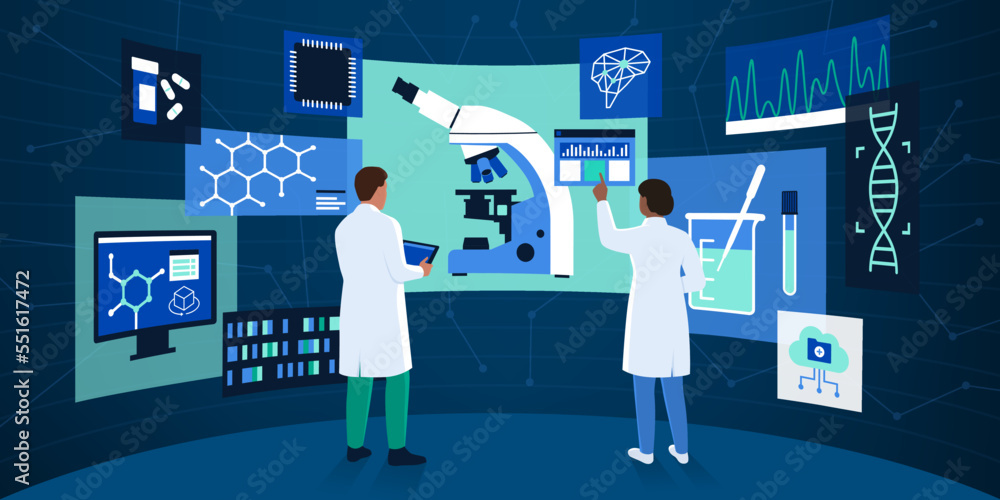 Scientific researchers interacting with virtual screens Stock Vector ...