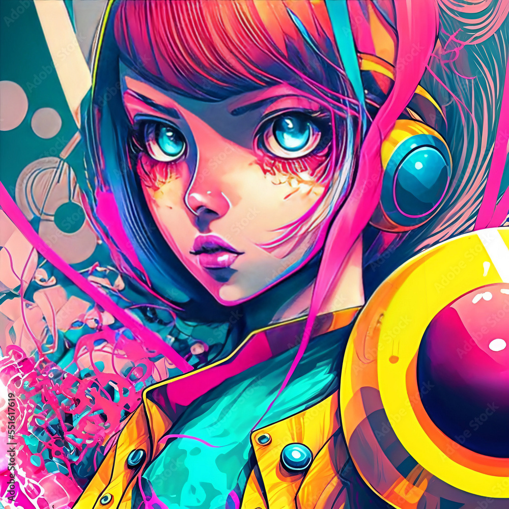 Neon Graffiti Anime Girl with Red Hair and Headphones. [Digital Art ...