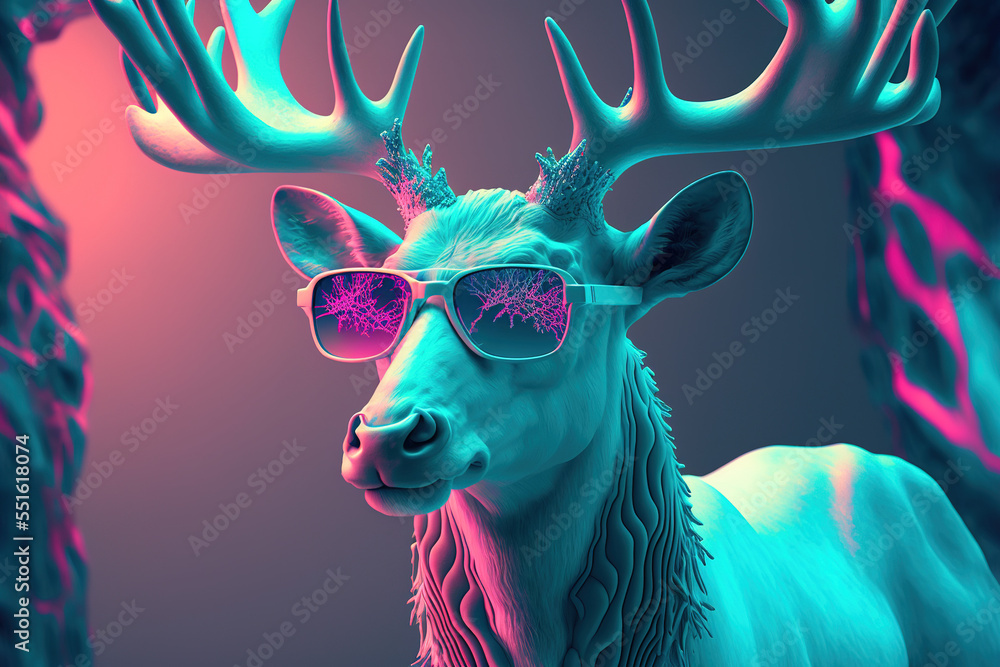 Neon cyberpunk futuristic portrait in pop art style of white reindeer ...