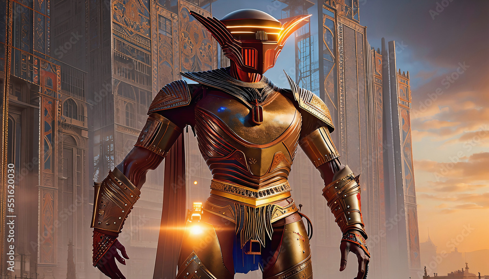futuristic egyptian robot guardian warrior in blue golden armor and ...