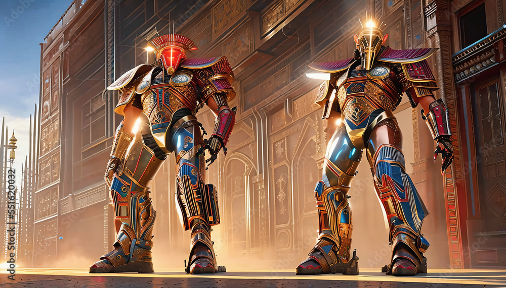 Ilustrace „two futuristic egyptian robot guardian warriors in blue red ...