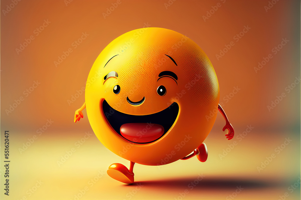 Realistic 3D Generative AI. Yellow smile emoticon run in front of a ...