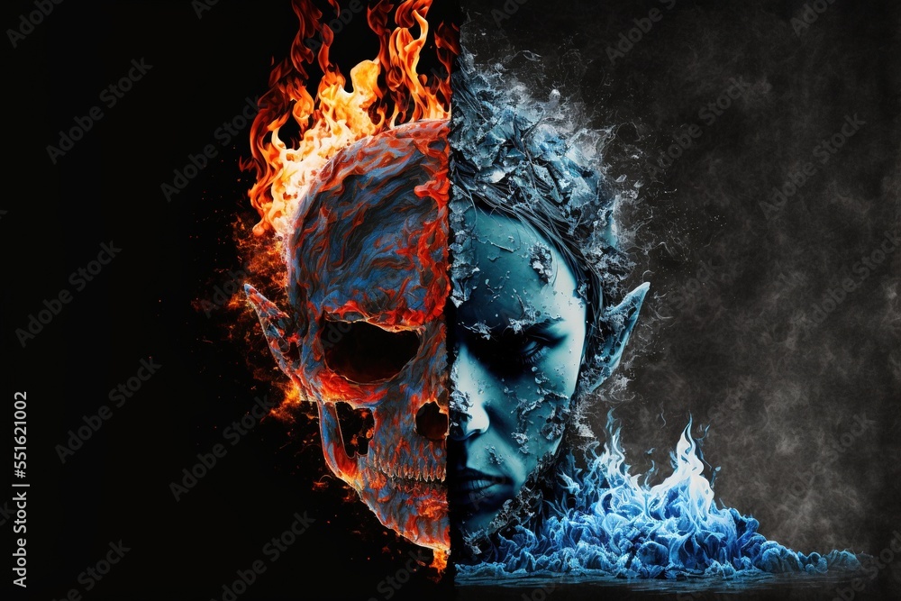 Half skull half face, a burning skull on one side and a frozen humans ...