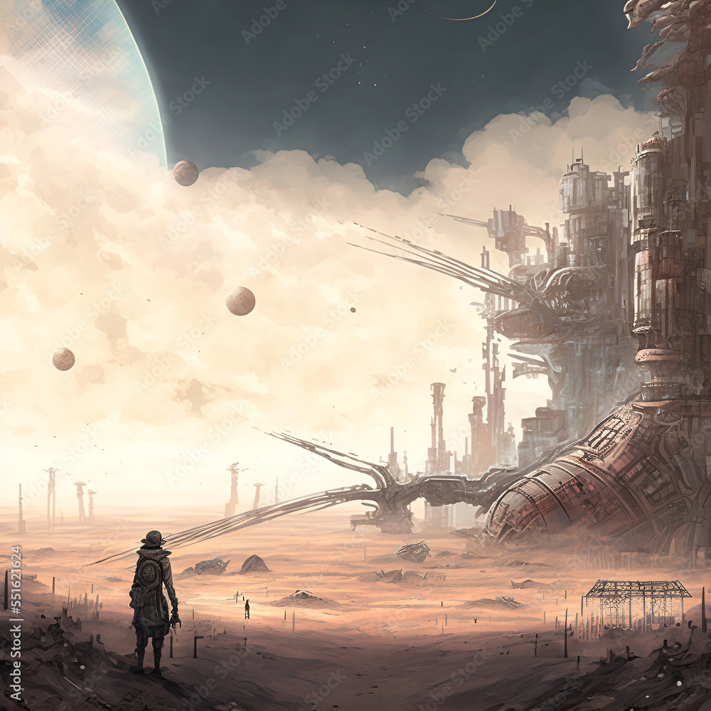 Wanderer on the Surface of an Alien Planet with Spaceship Wreckage ...