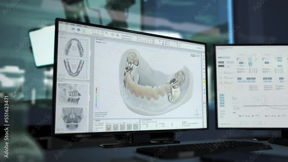 Using futuristic program at the dental clinic. Doctor visualises the ...