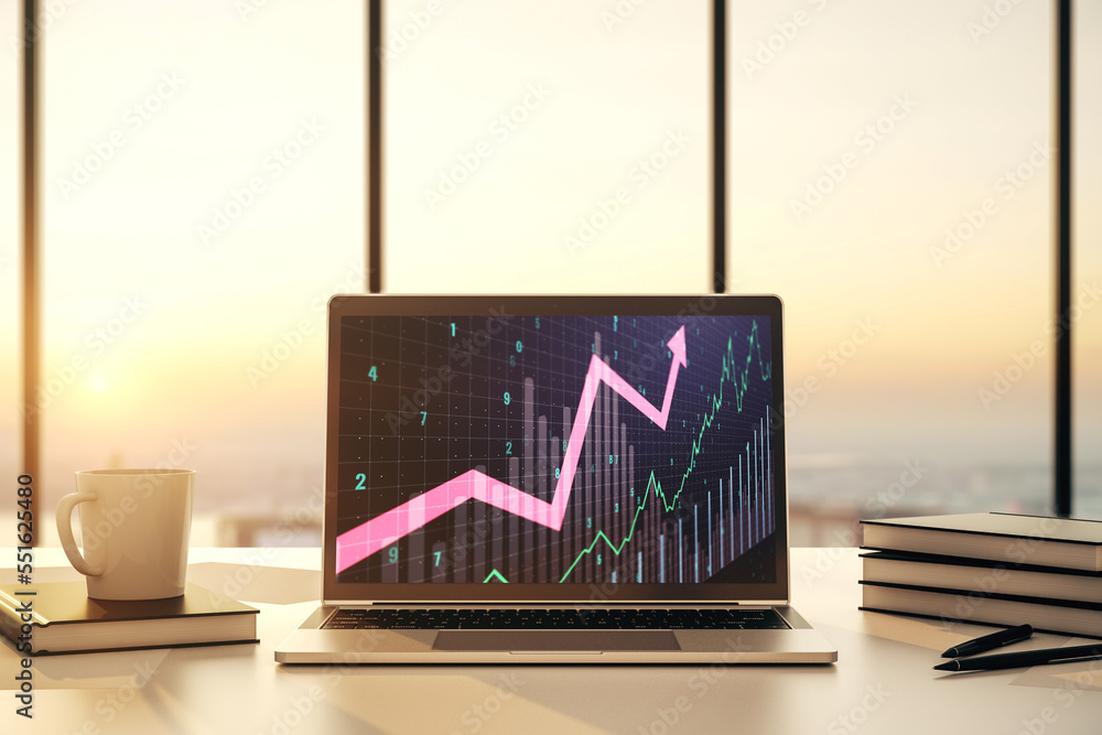 Modern computer screen with abstract creative financial chart and ...