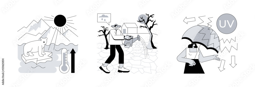 Global warming abstract concept vector illustration set. Melting ...