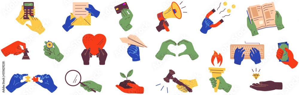 Big set of colorful hands holding stuff. Human palms with tools and ...