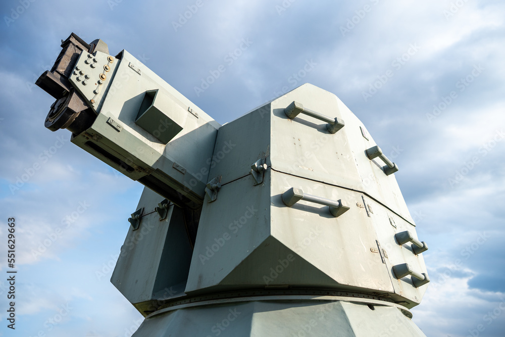 ship's six-barreled gun. artillery installation. armament of a warship ...