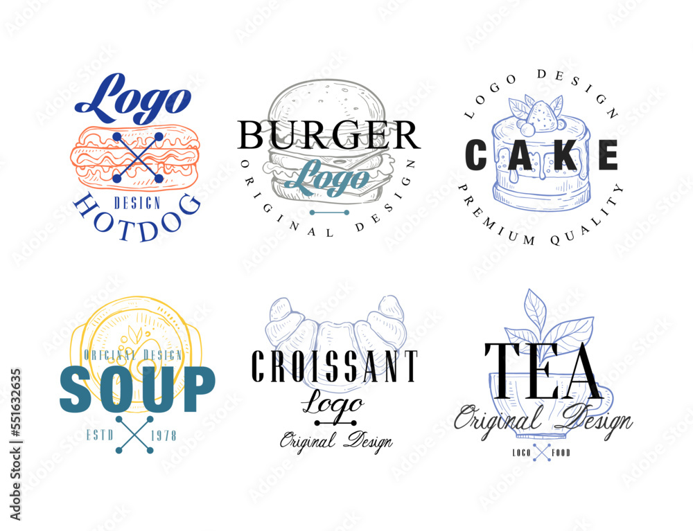 Food Sketch Logo Design with Hot Dog, Burger, Cake, Soup, Croissant and ...