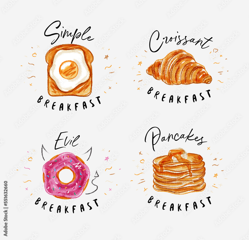 Breakfast set egg and toast, french croissant, sweet donut, pancakes ...