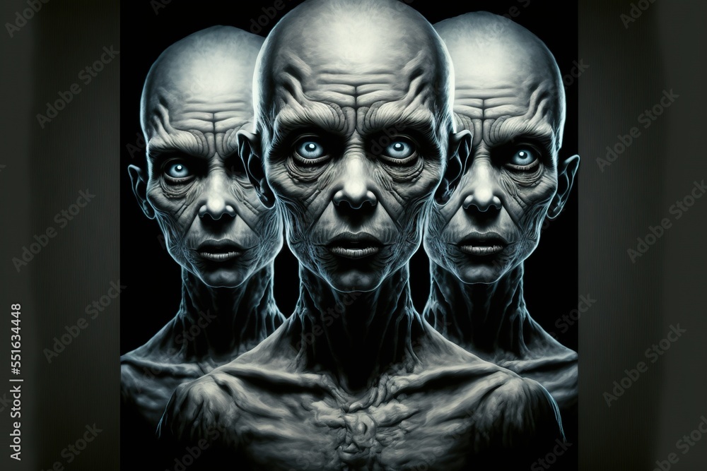 Evil clone experiment gone wrong. Scary horror triplets. Stock ...