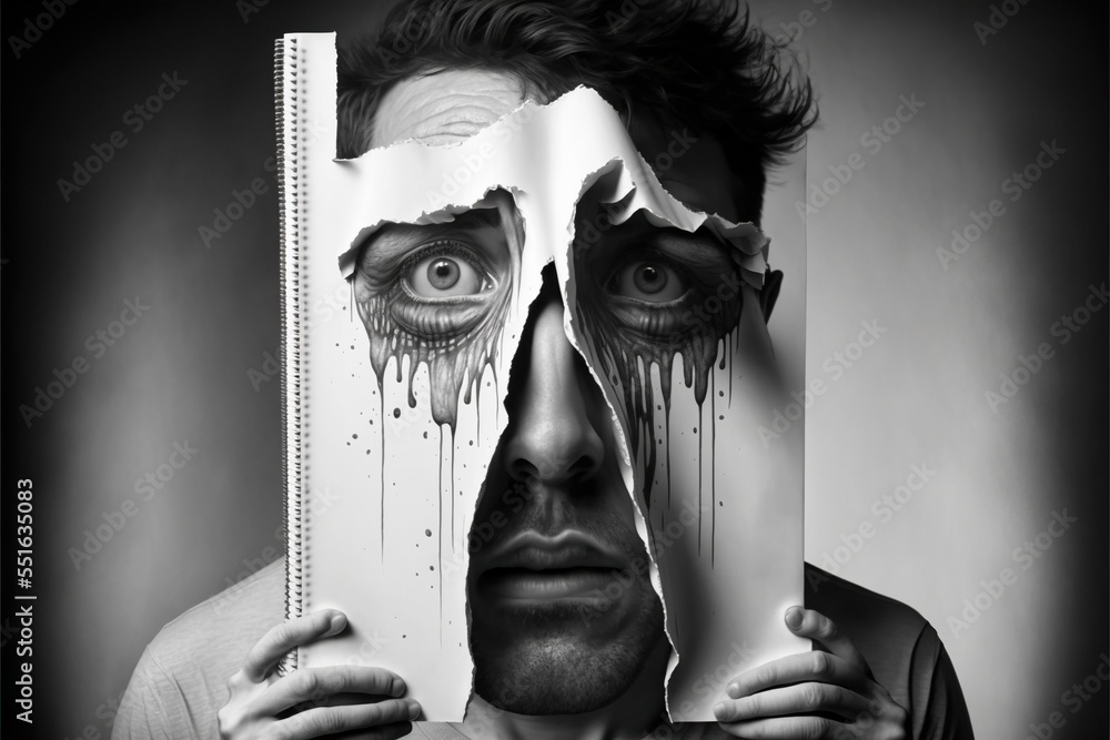 Depression concept. Man holds up art pad with drawing of teary sad eyes ...