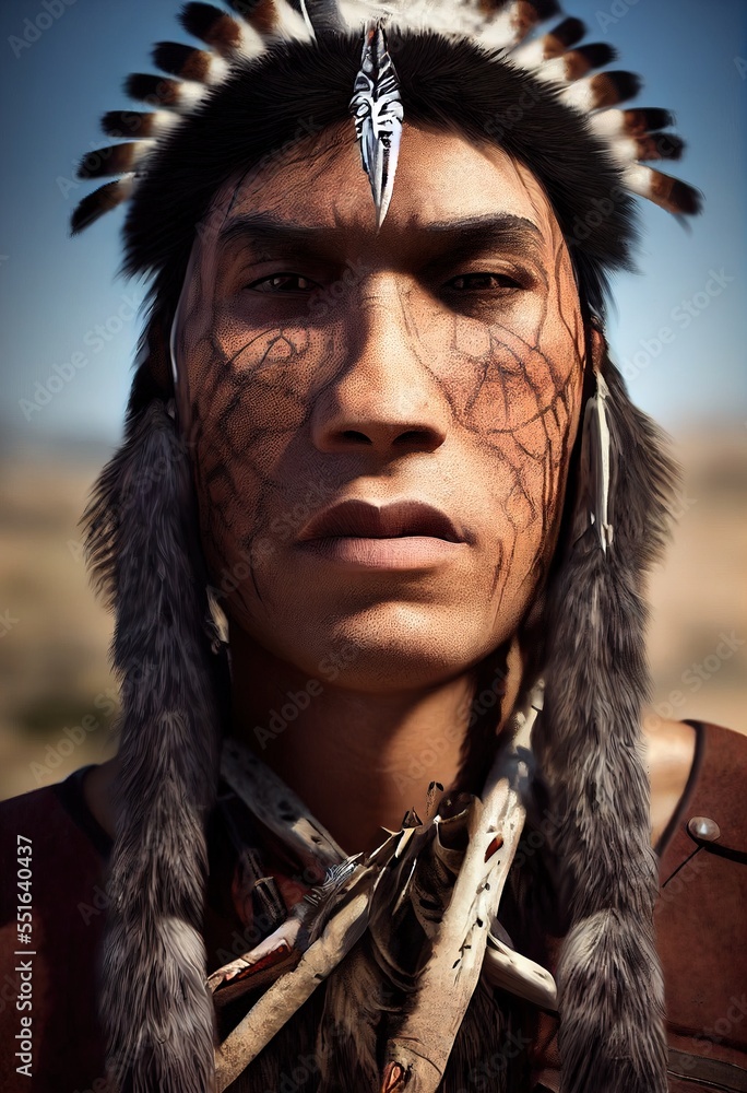 Portrait of a fictional Indian shaman from the Comanche Indian tribe ...